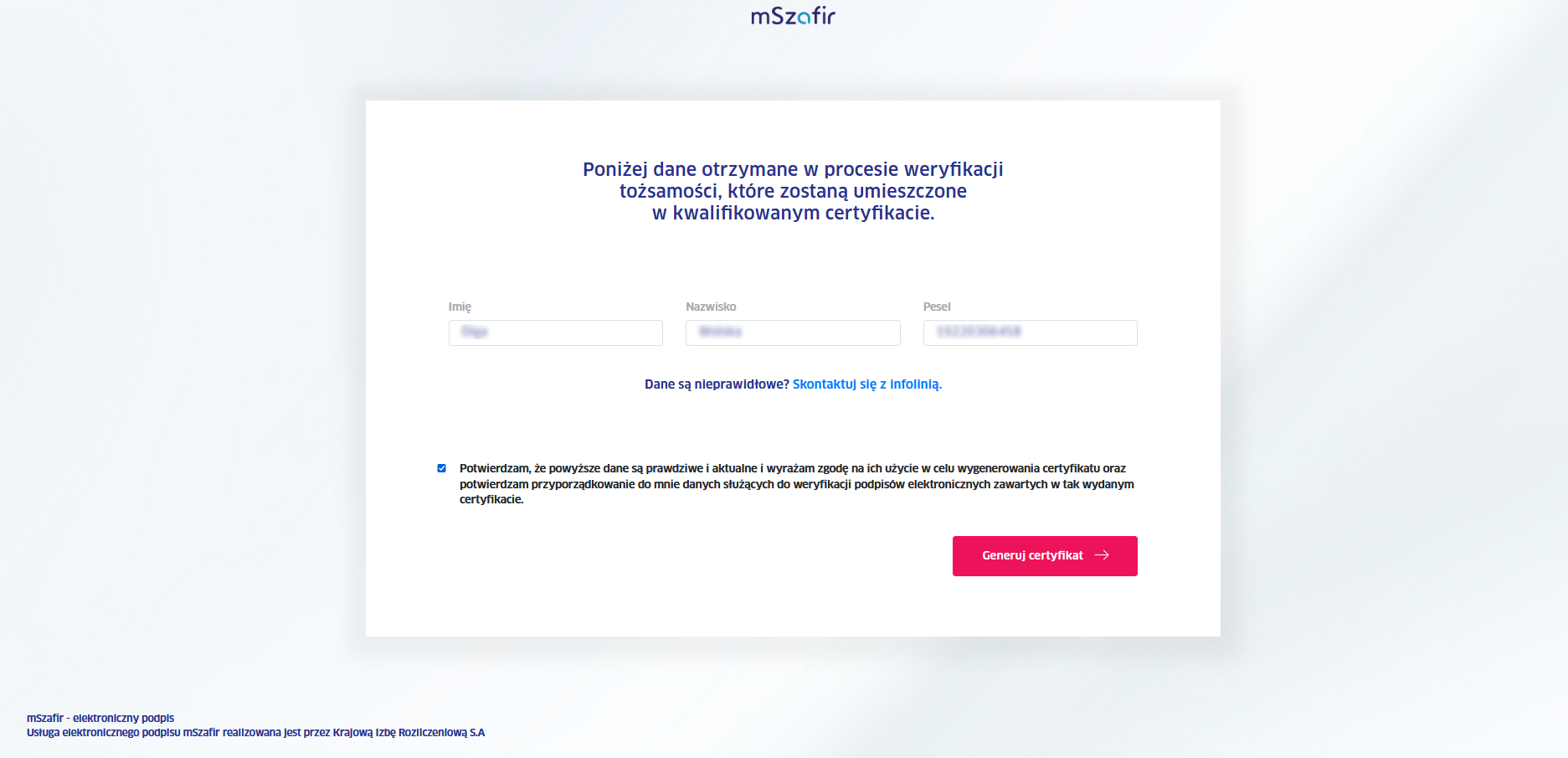 Jednorazowy podpis kwalifikowany mSzafir